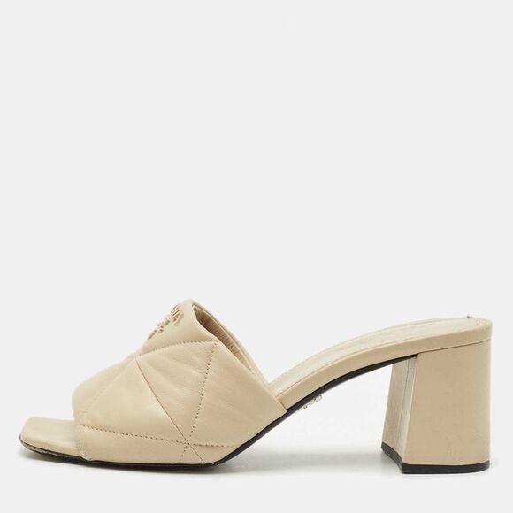 Prada | Shoes | Prada Beige Quilted Leather Logo Slide Sandals Size 385 ...